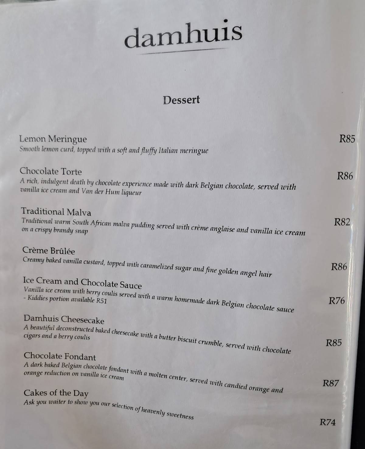 Menu at Damhuis Restaurant, Cape Town