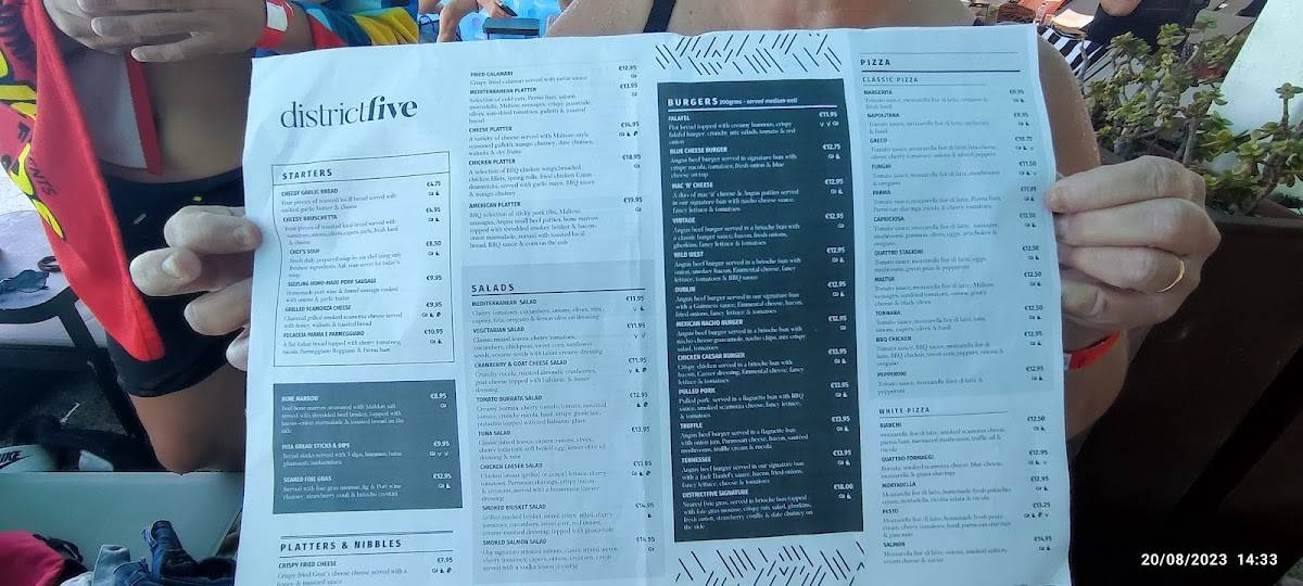 Menu at District Five restaurant, Birżebbuġa