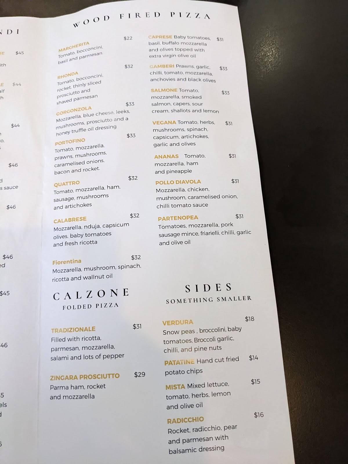 Menu at Dolce Bellissimo restaurant, Claremont