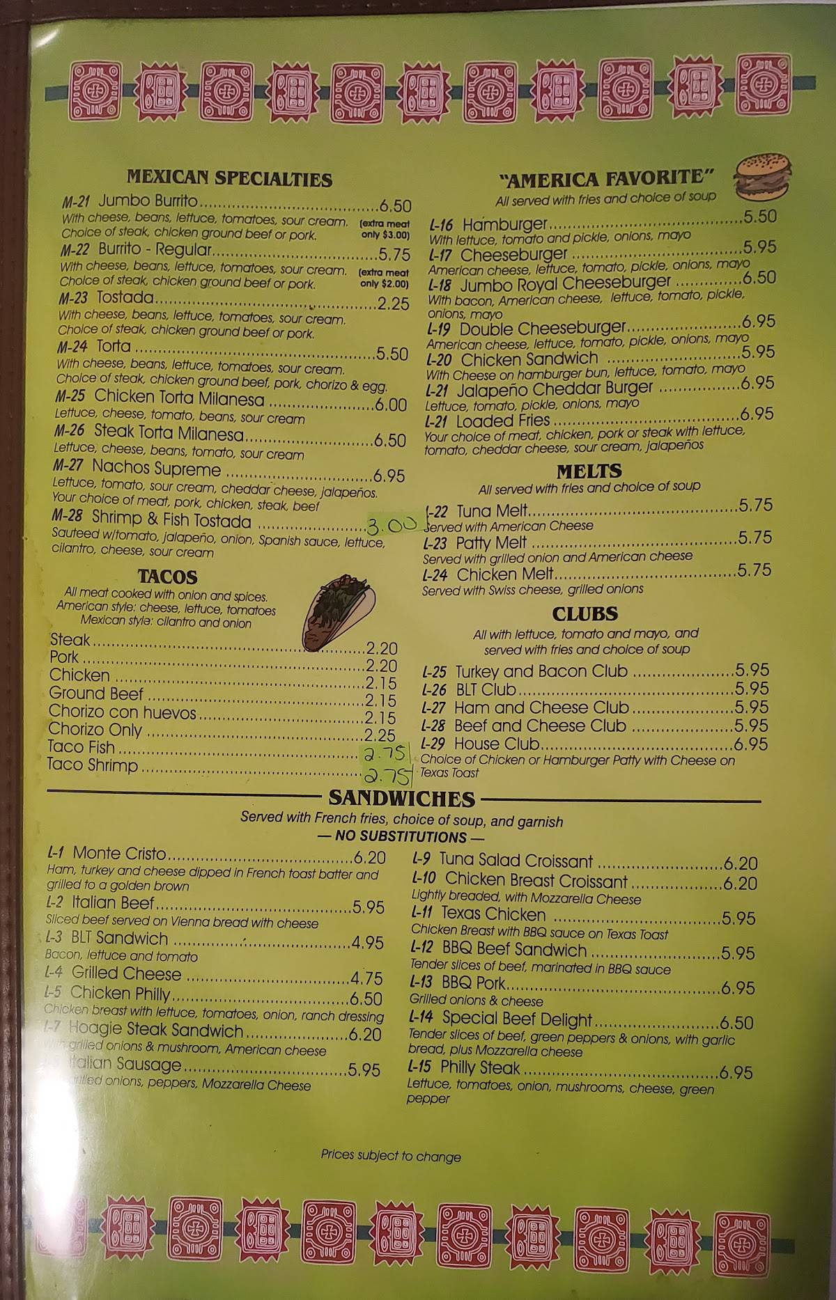Menu at Don Andres Restaurant, Hammond