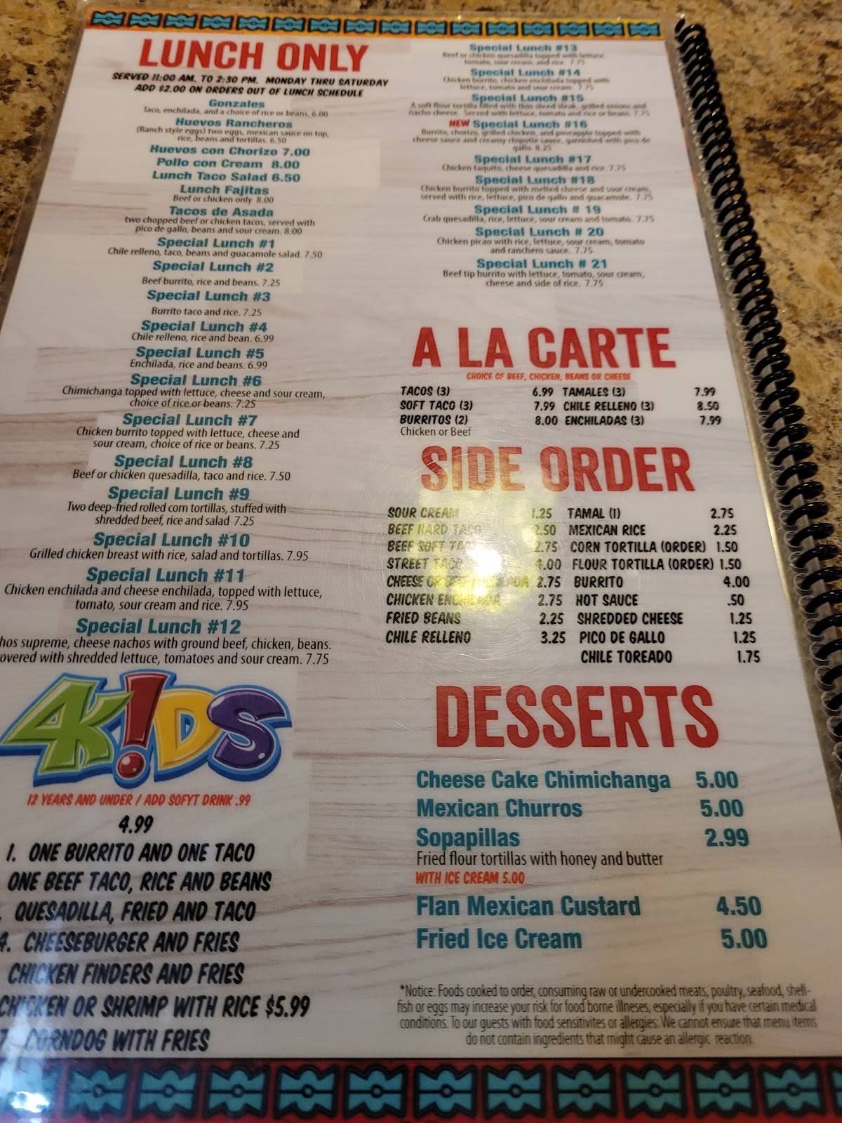 Menu at Don Patron Mexican Restaurant, Elkins