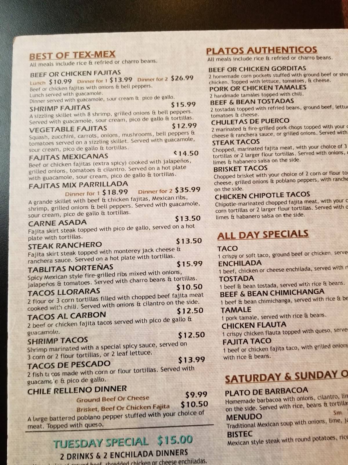 Menu at Dos Chiles Grandes restaurant, Bridgeport