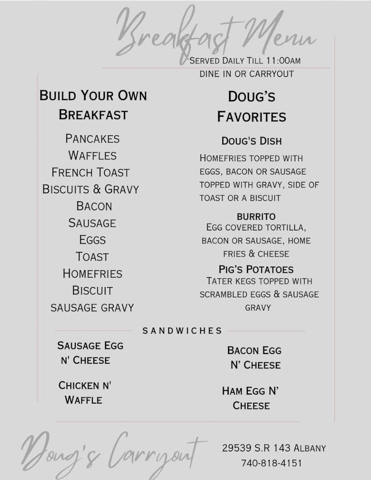 Menu at Doug's Carryout and Grocery restaurant, USA
