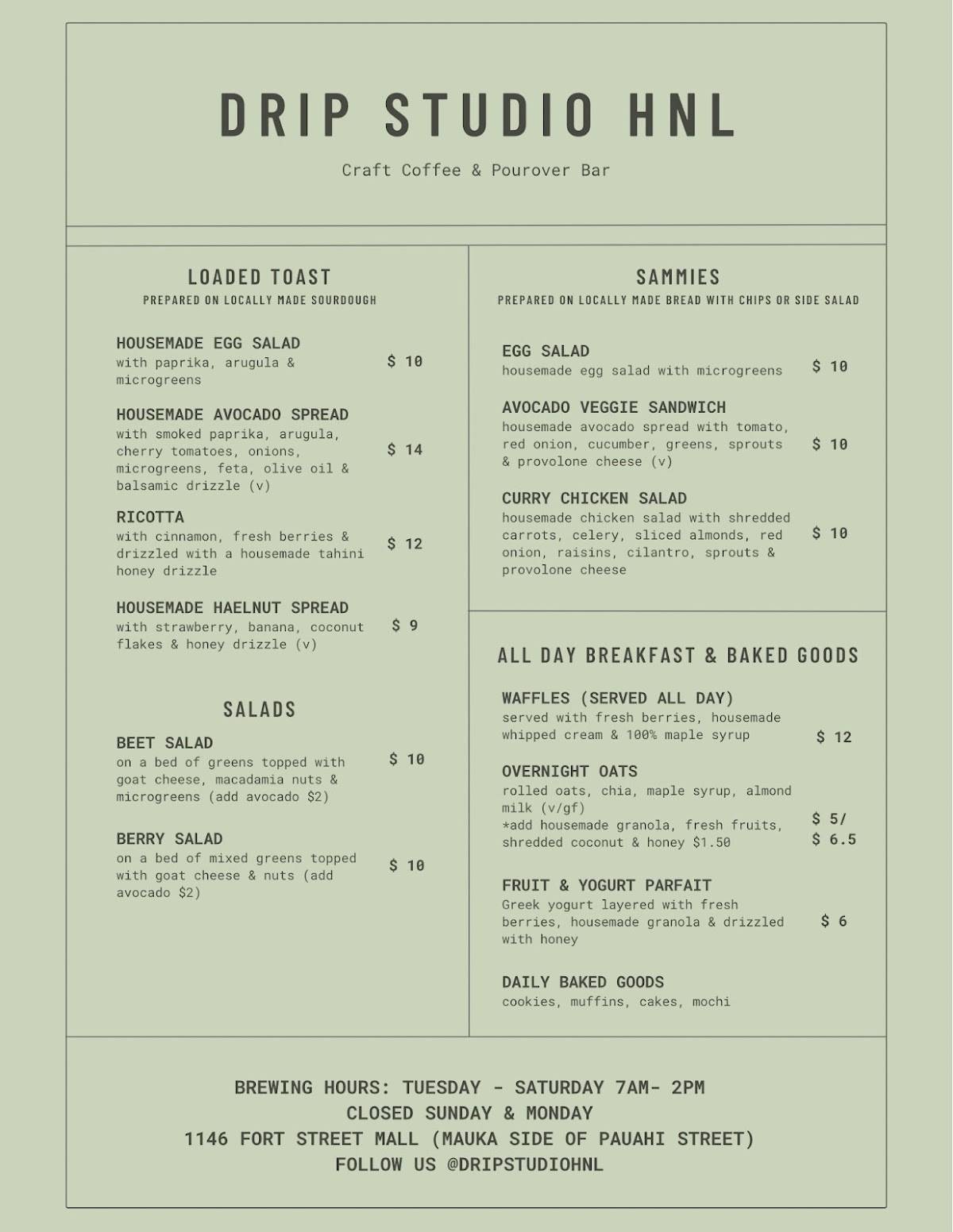 Menu at Drip Studio HNL Specialty Coffee, Honolulu