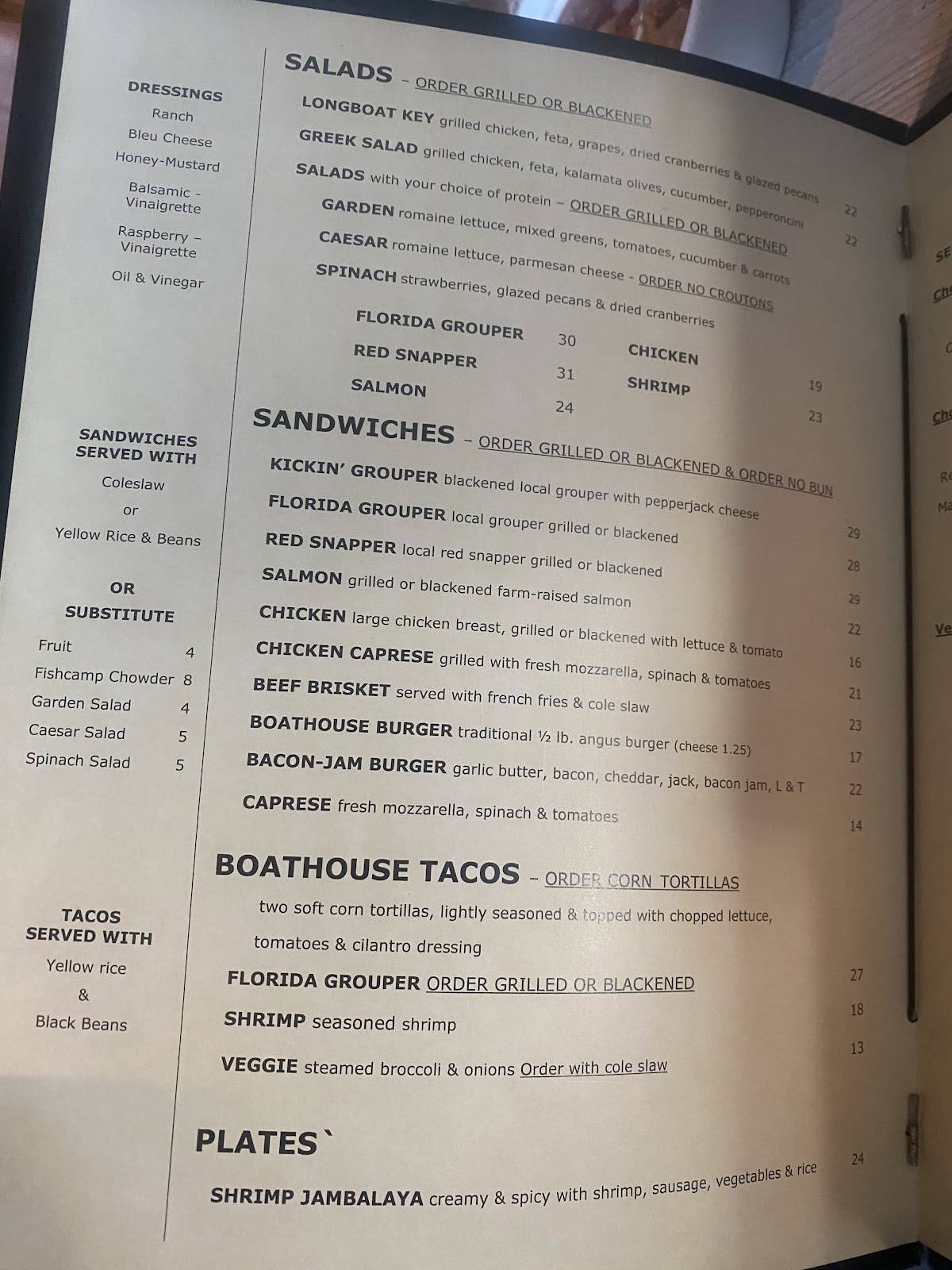 Menu at Dry Dock Waterfront Grill restaurant, Longboat Key