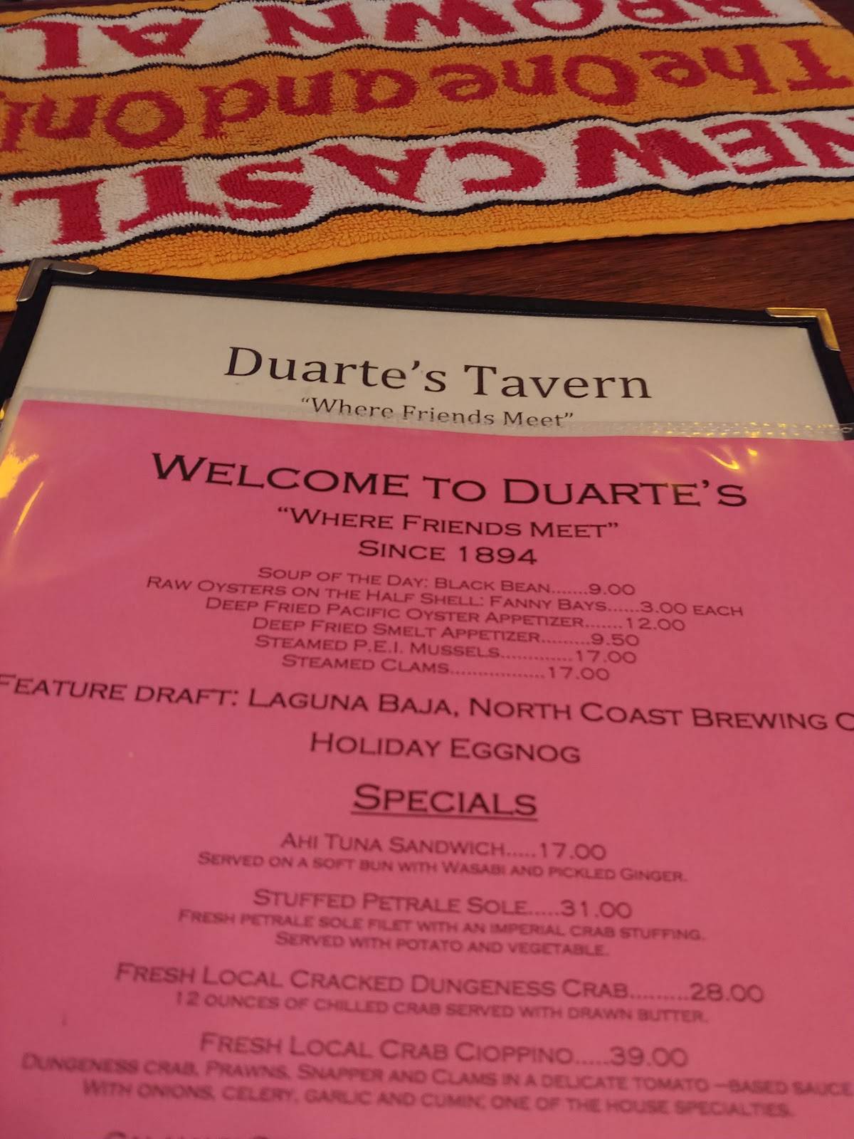 Menu at Duarte's Tavern restaurant, Pescadero