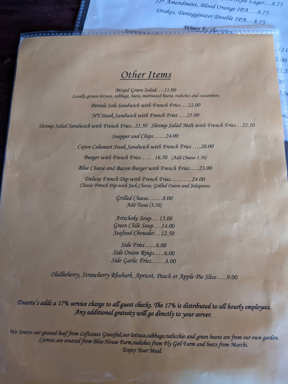 Menu at Duarte's Tavern restaurant, Pescadero