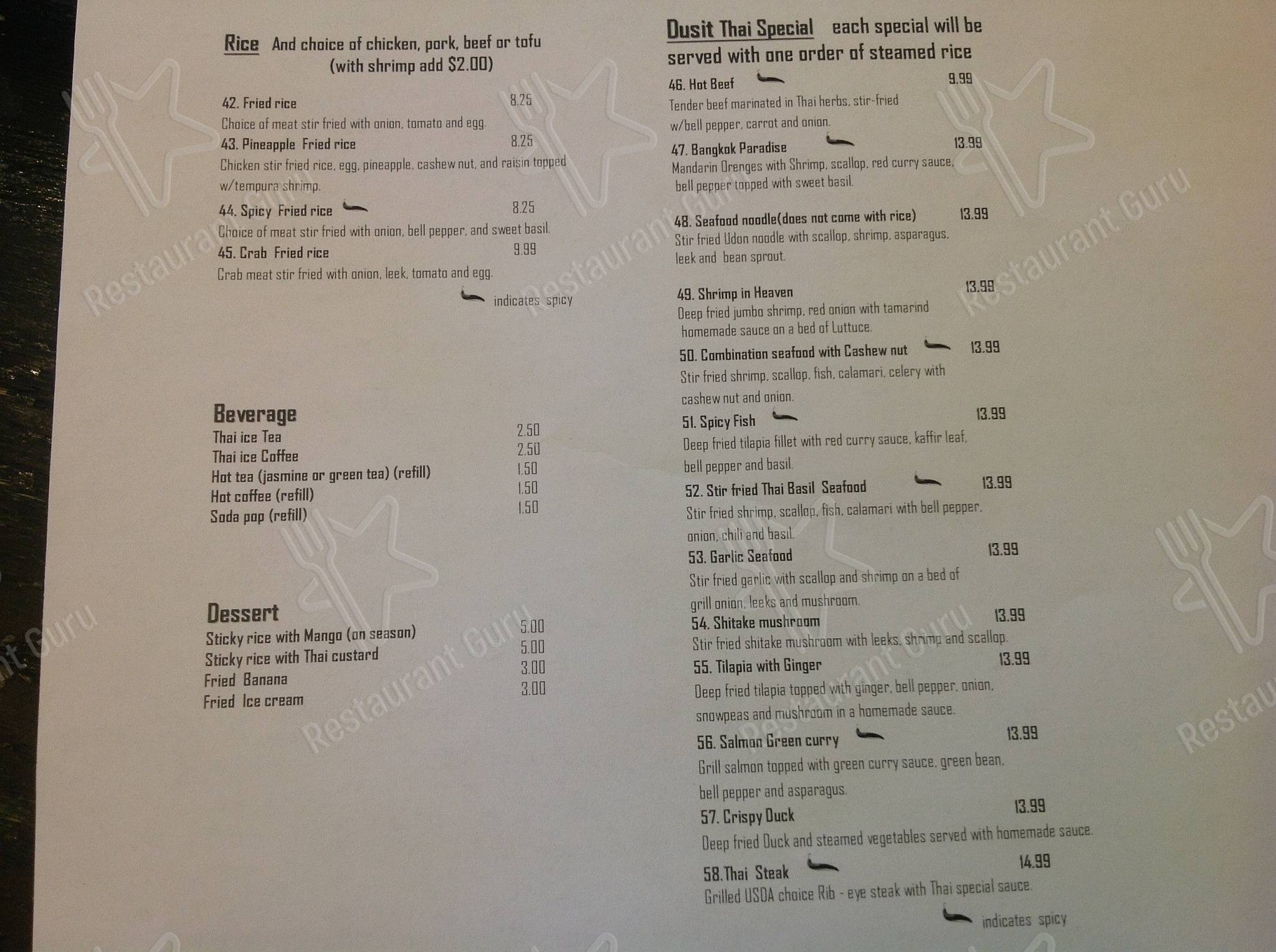 Menu at Dusit Thai Cuisine restaurant, Mountain Home