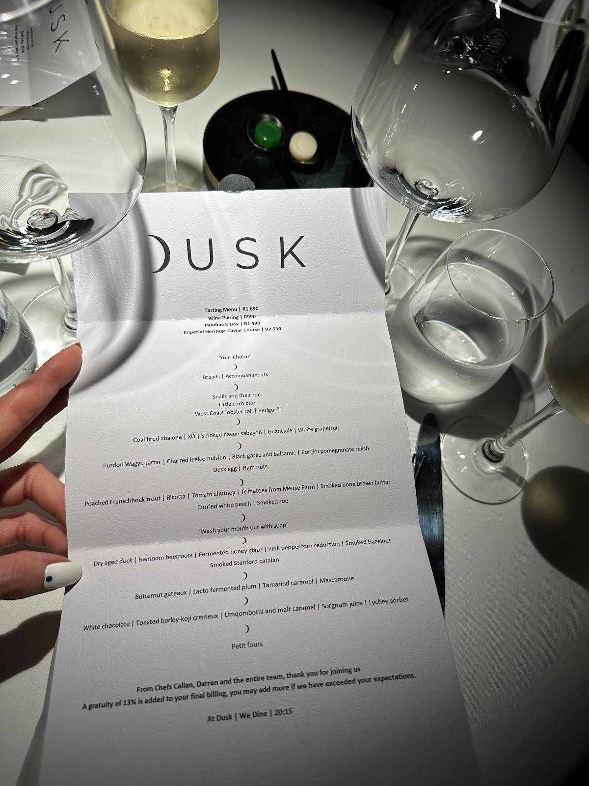 Menu at Dusk Restaurant, Stellenbosch