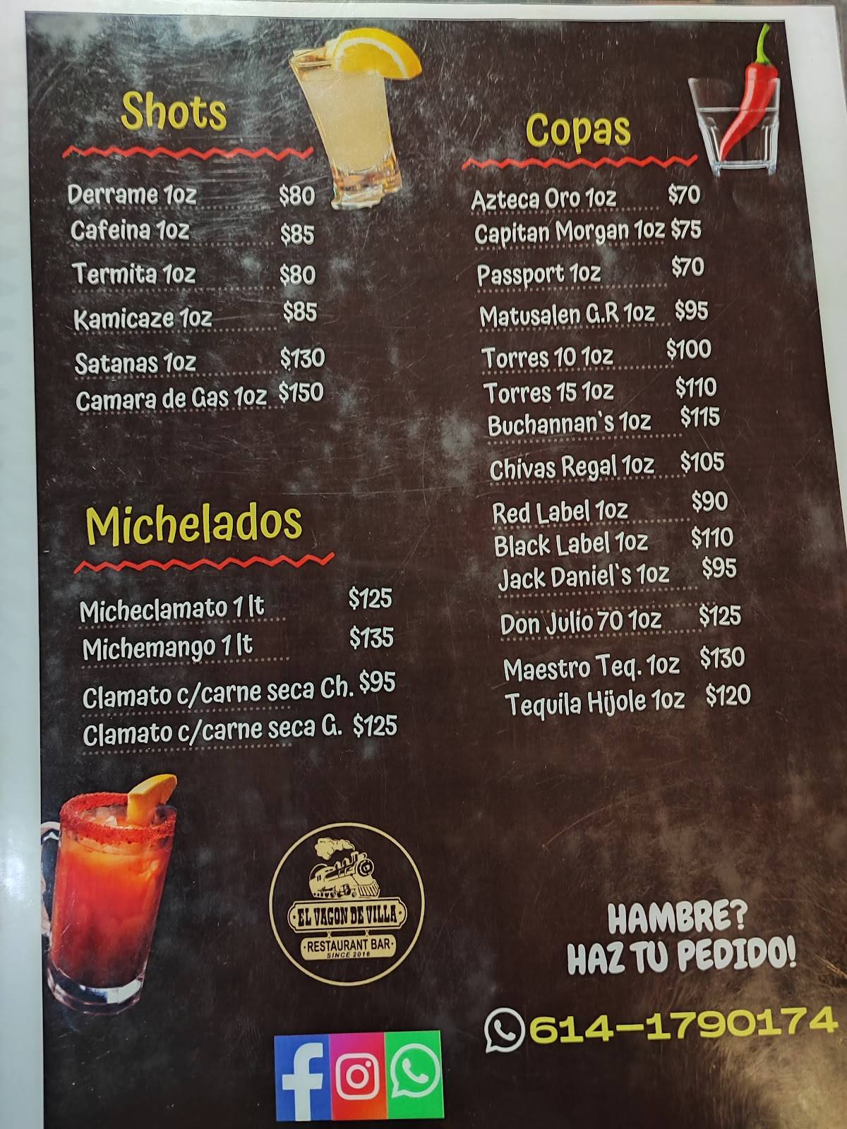 Carta del restaurante El Vagon De Villa, Chihuahua
