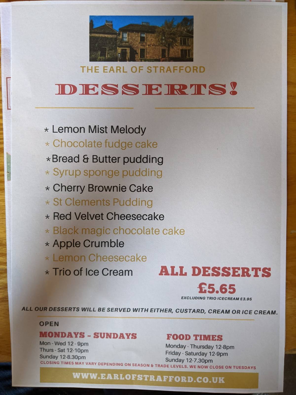 Menu at Earl of Strafford restaurant, Rotherham