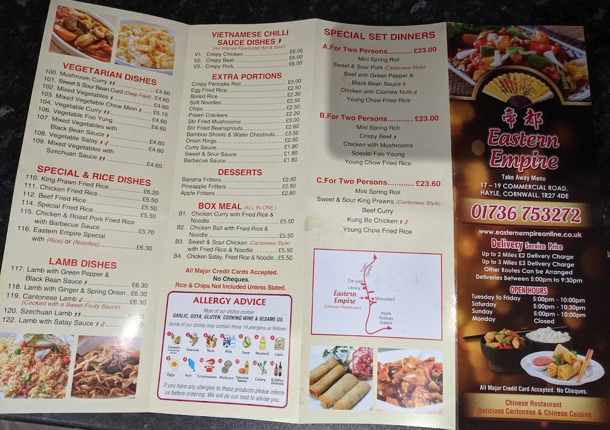 Menu at Eastern Empire restaurant, Hayle