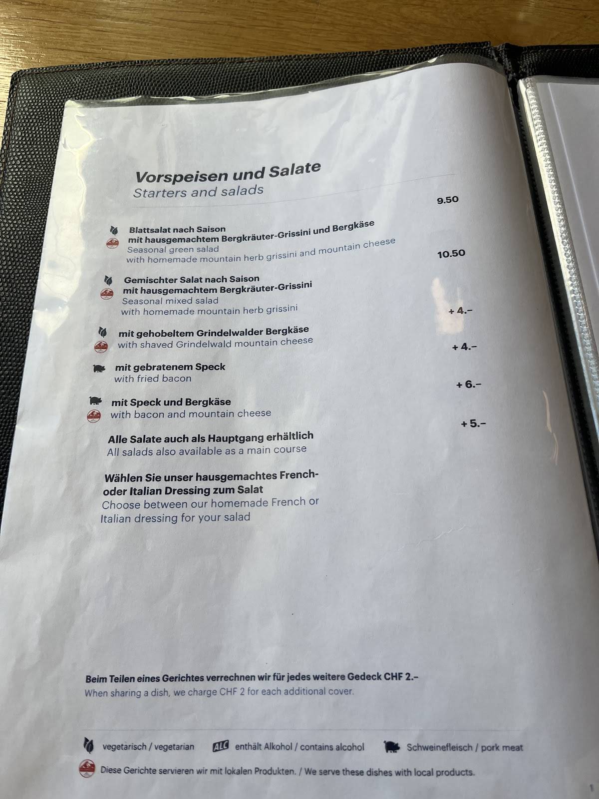 Menu au Restaurant Eigergletscher 2320 m, Lauterbrunnen
