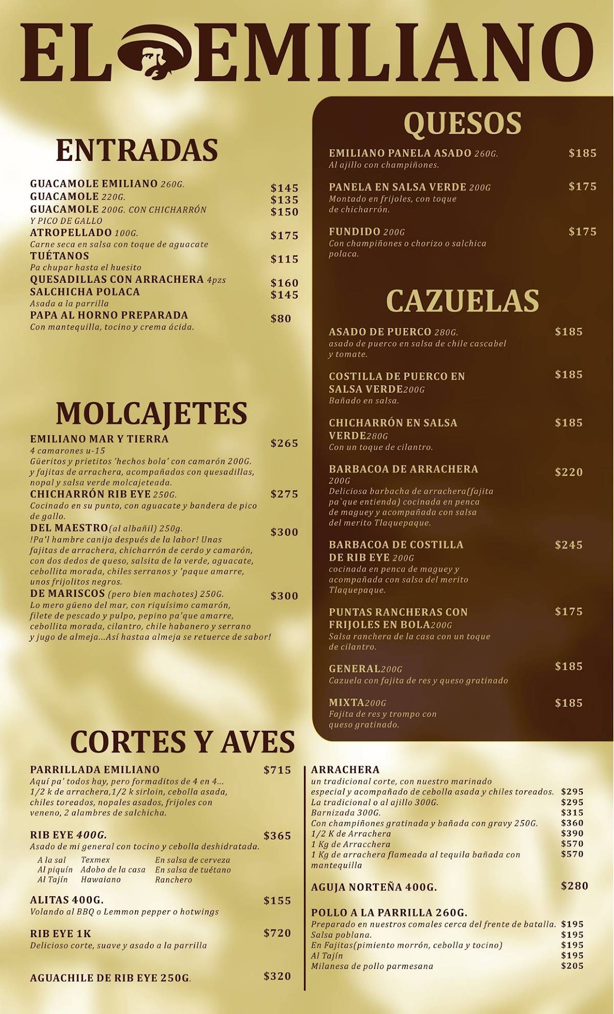 Carta del restaurante El Emiliano, Monterrey