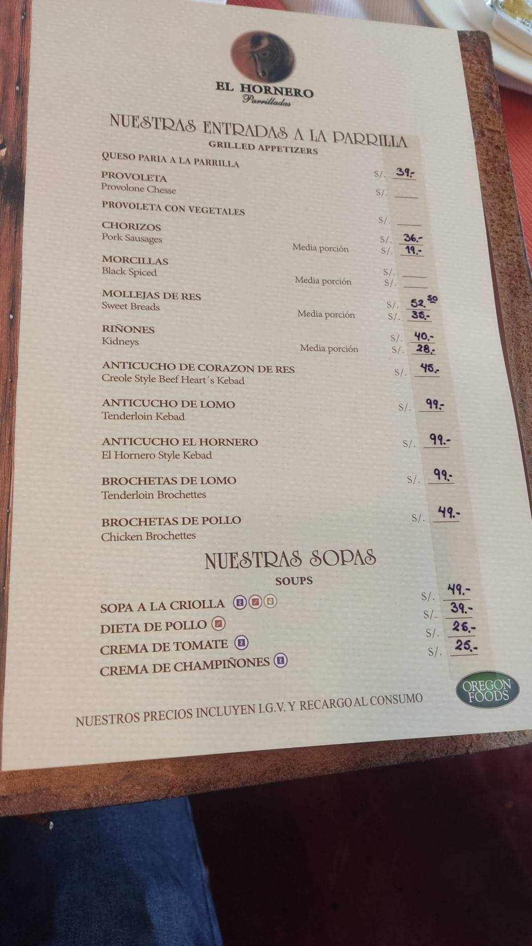 Carta del restaurante El Hornero Chorrillos, Distrito del Chorrillos