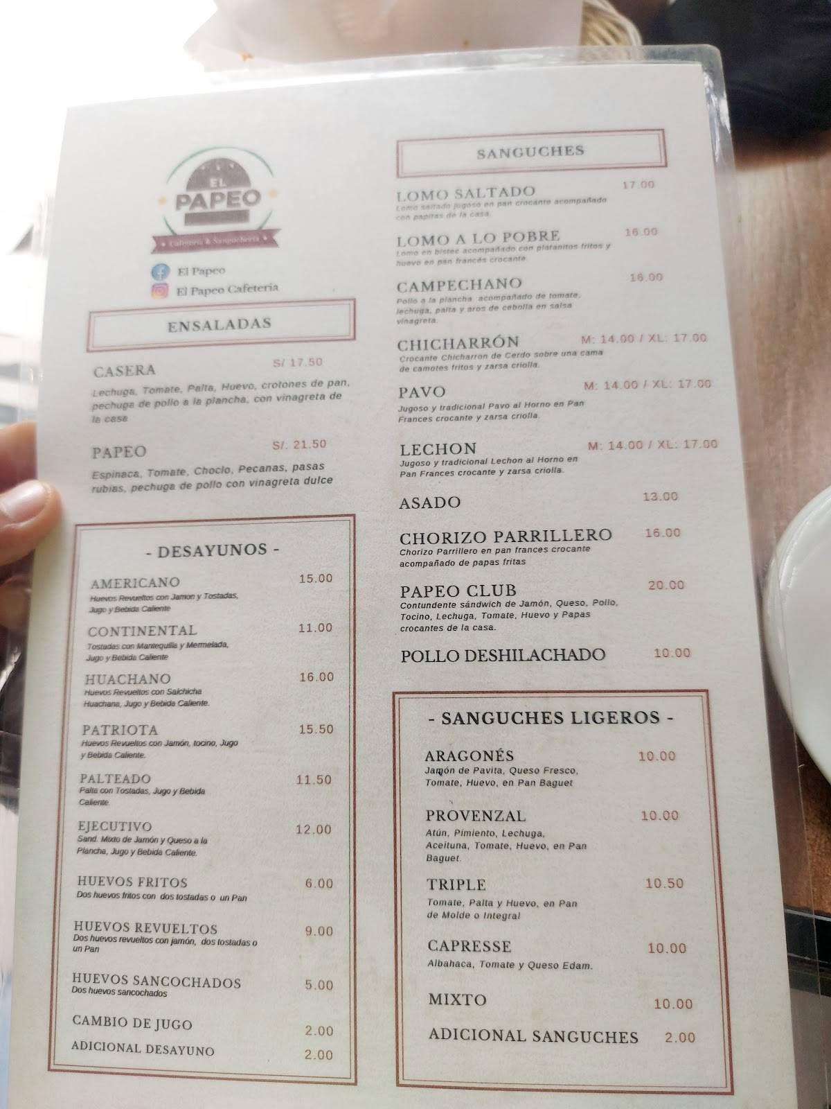 Carta de El PAPEO - Cafetería y Sangucheria, Piura