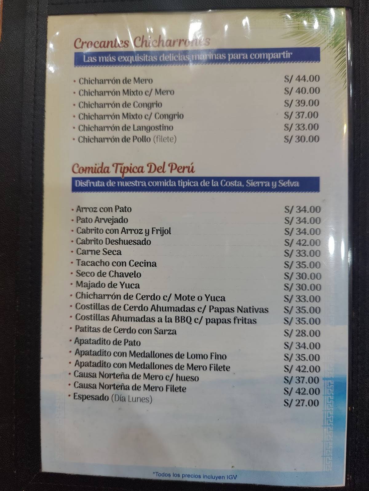 Carta de Pacífico Restaurant Gourmet, Lambayeque