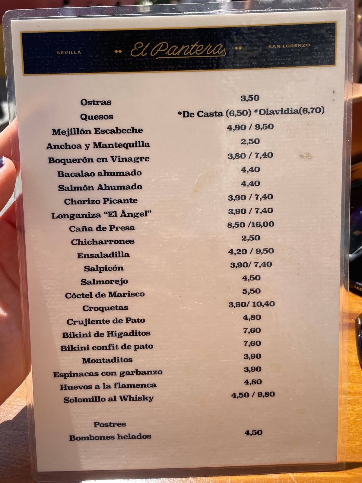 Carta del restaurante El Pantera del San Lorenzo, Sevilla