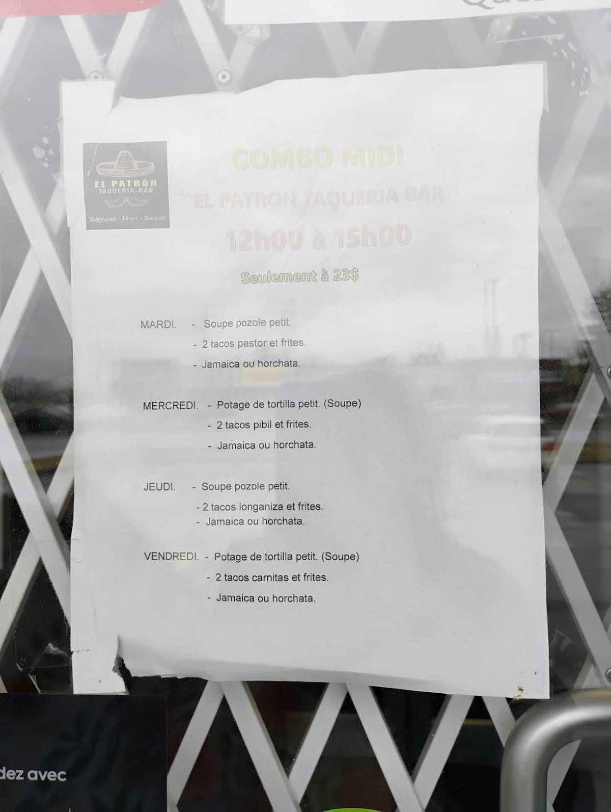 Menu au El patrón restaurant, Laval