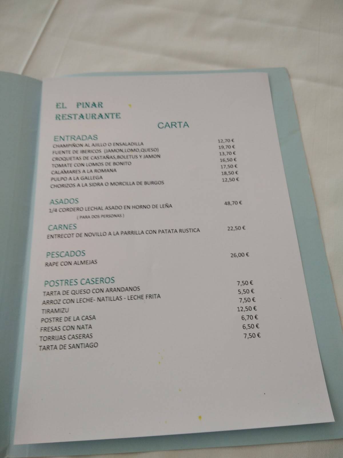Carta del restaurante El Pinar, Madrid, Ctra. De El Pardo a Colmenar