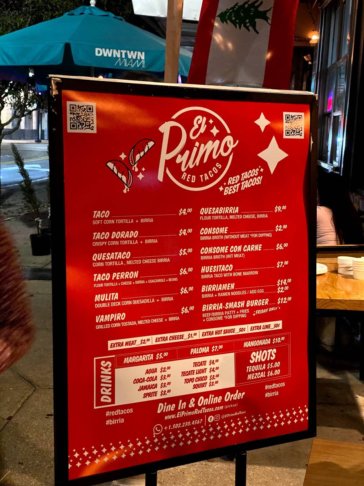 Menu at El Primo Red Tacos restaurant, Miami, 179 E Flagler St