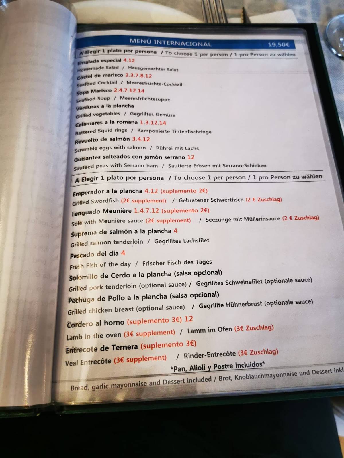 Menu at El Refugio restaurant, Moraira