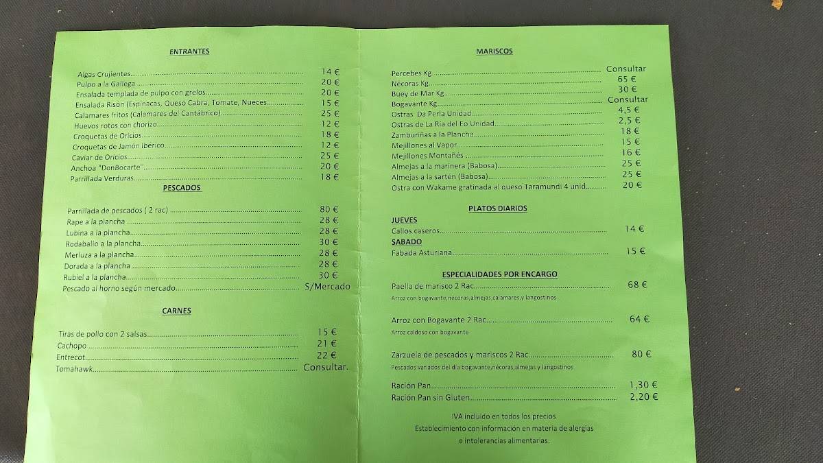Carta del restaurante El Risón, Castropol