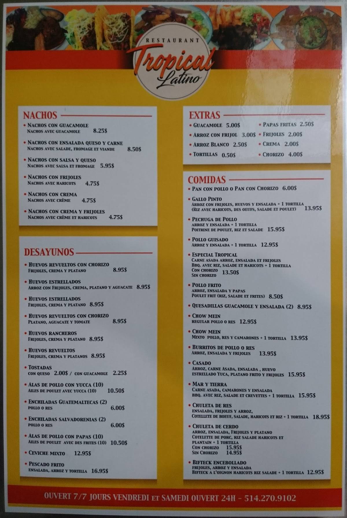 Carta de Restaurant El Tropical, Montréal