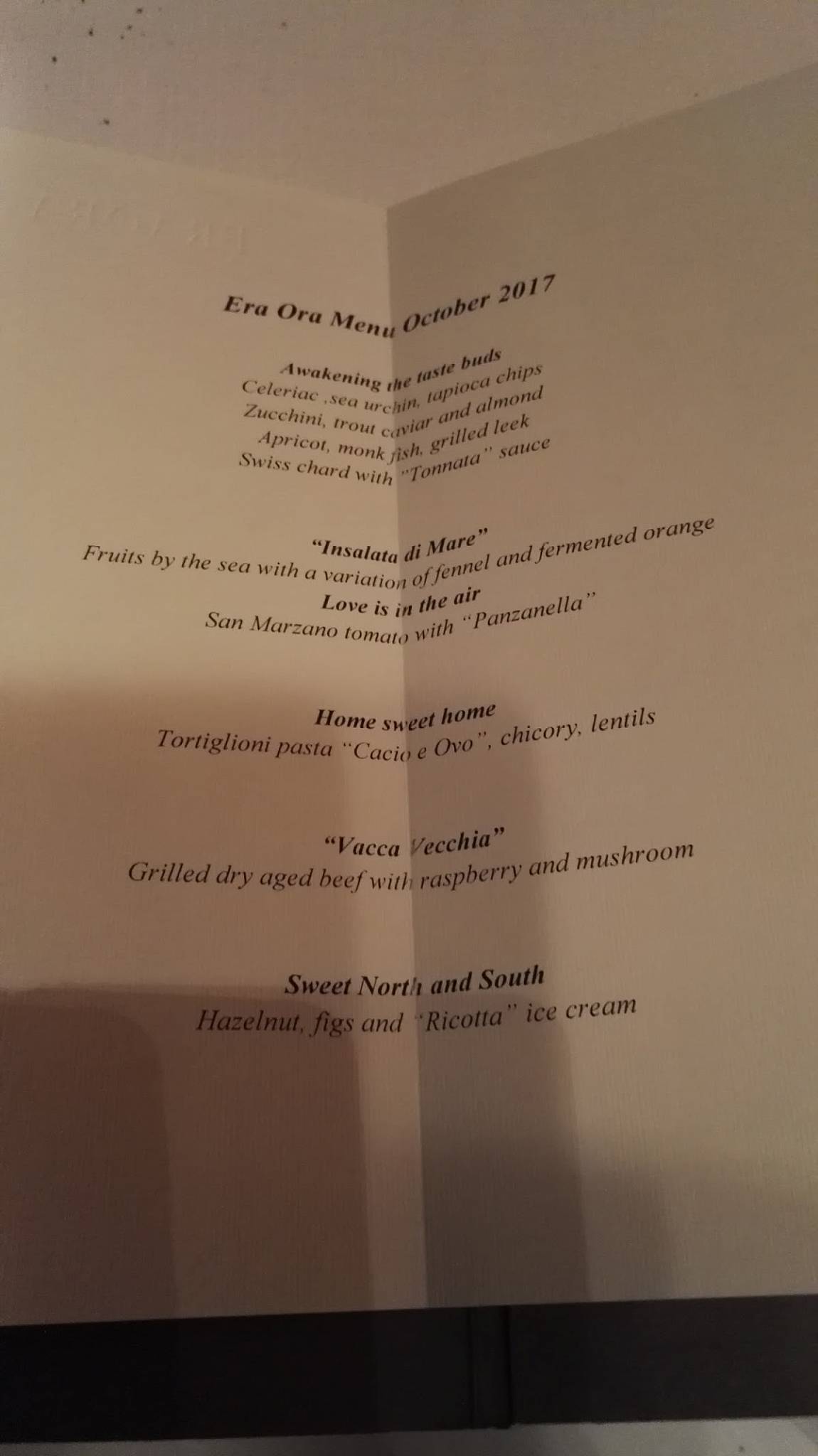 Menu at Era Ora restaurant, Copenhagen