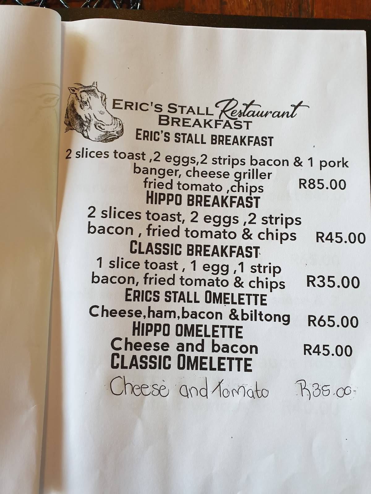 Menu at Eric's Stall Restaurant, South Africa
