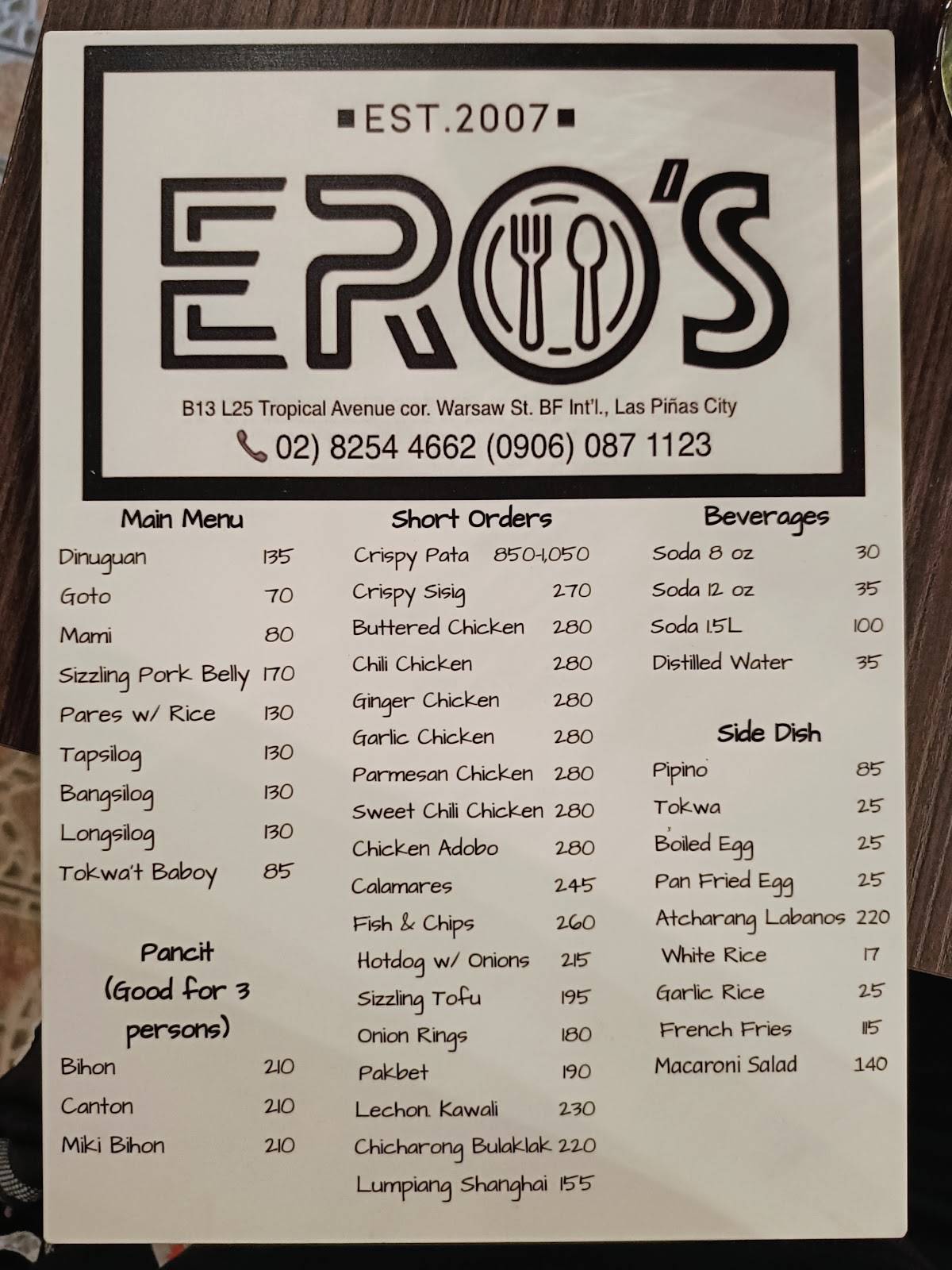 Menu at Ero's Restaurant, Las Pinas
