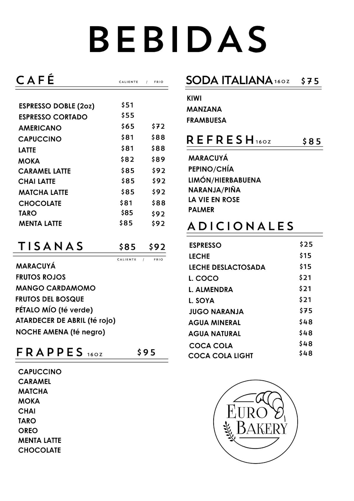 Menu at Euro Bakery, Mazatlán, Campeador 600