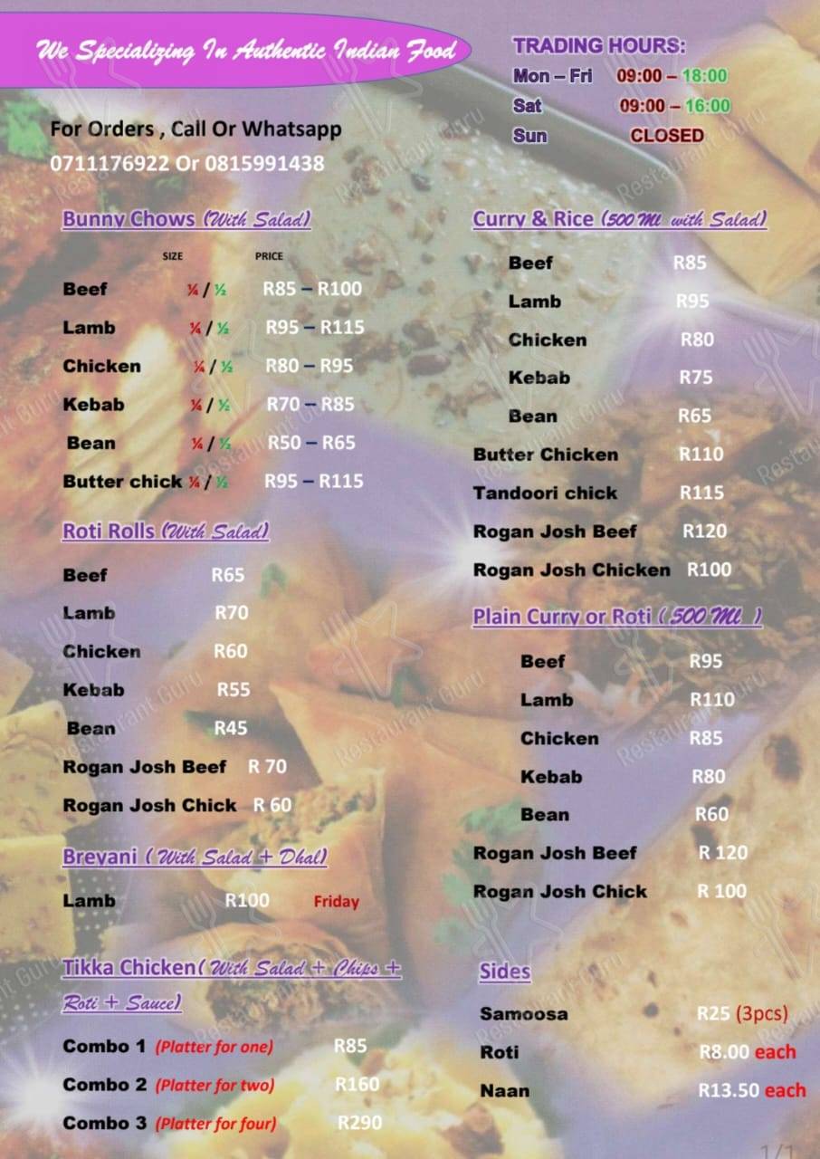 Menu at Exquisite Curry Den restaurant, Vanderbijlpark