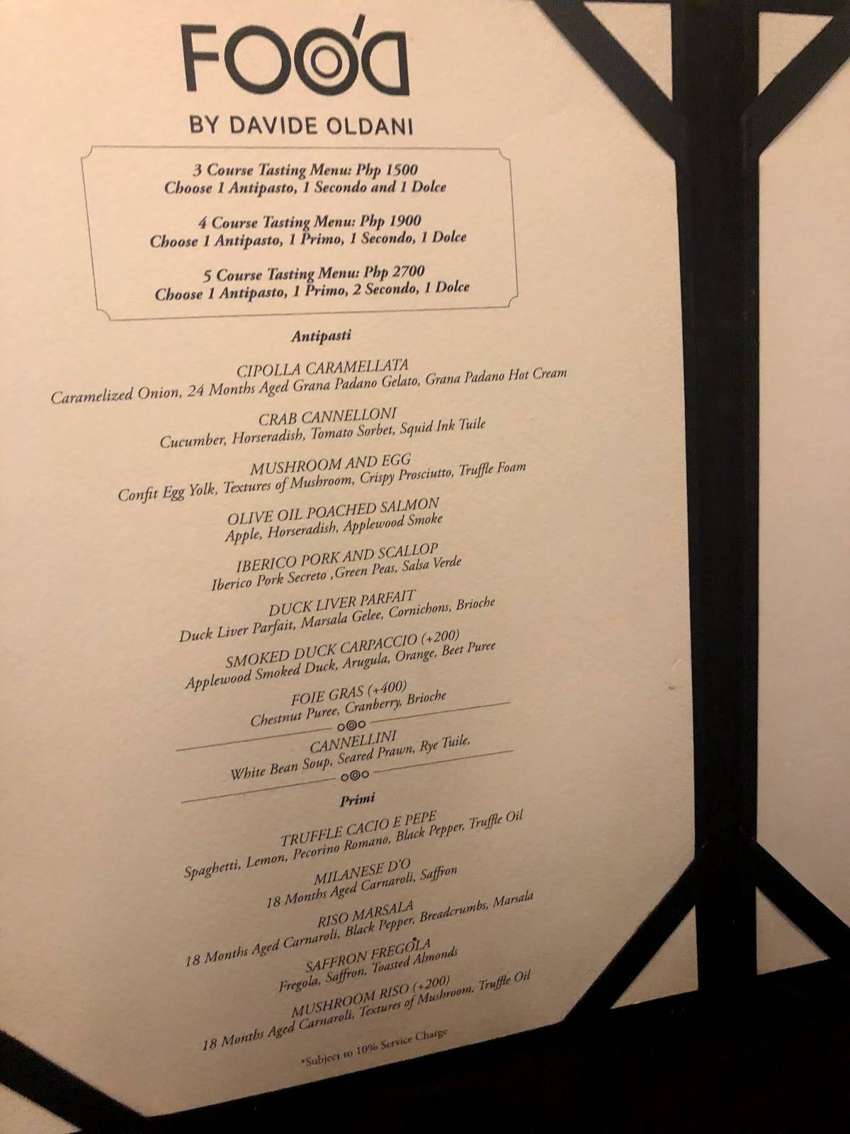 Menu at FOO'D by Davide Oldani restaurant, Taguig