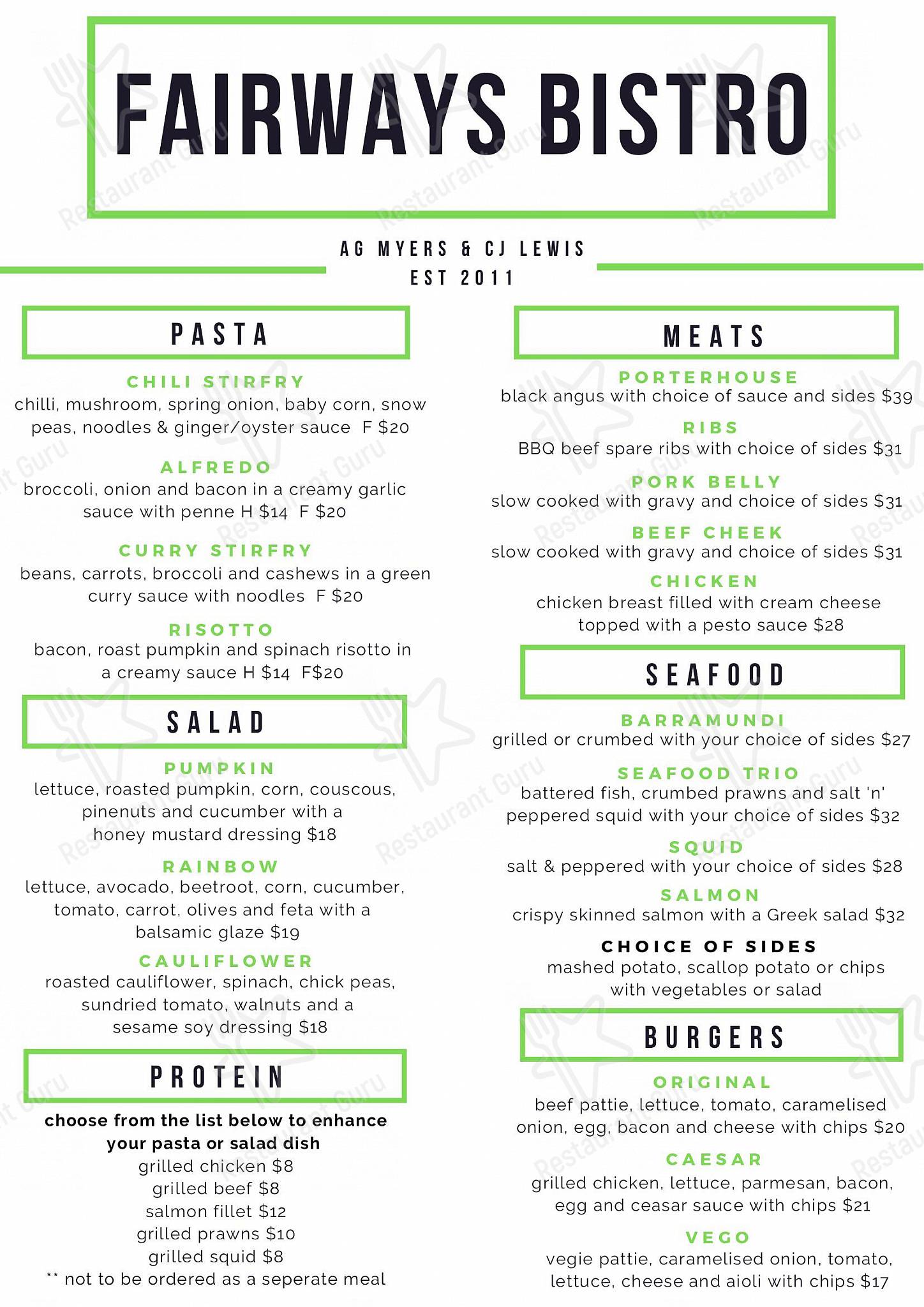 Menu at Fairways Bistro @ Mildura Golf Club, Mildura, 287 Twelfth St