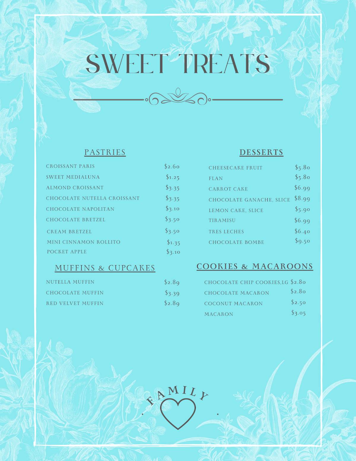 Menu at Family Bakery, Fort Lauderdale, E Commercial Blvd