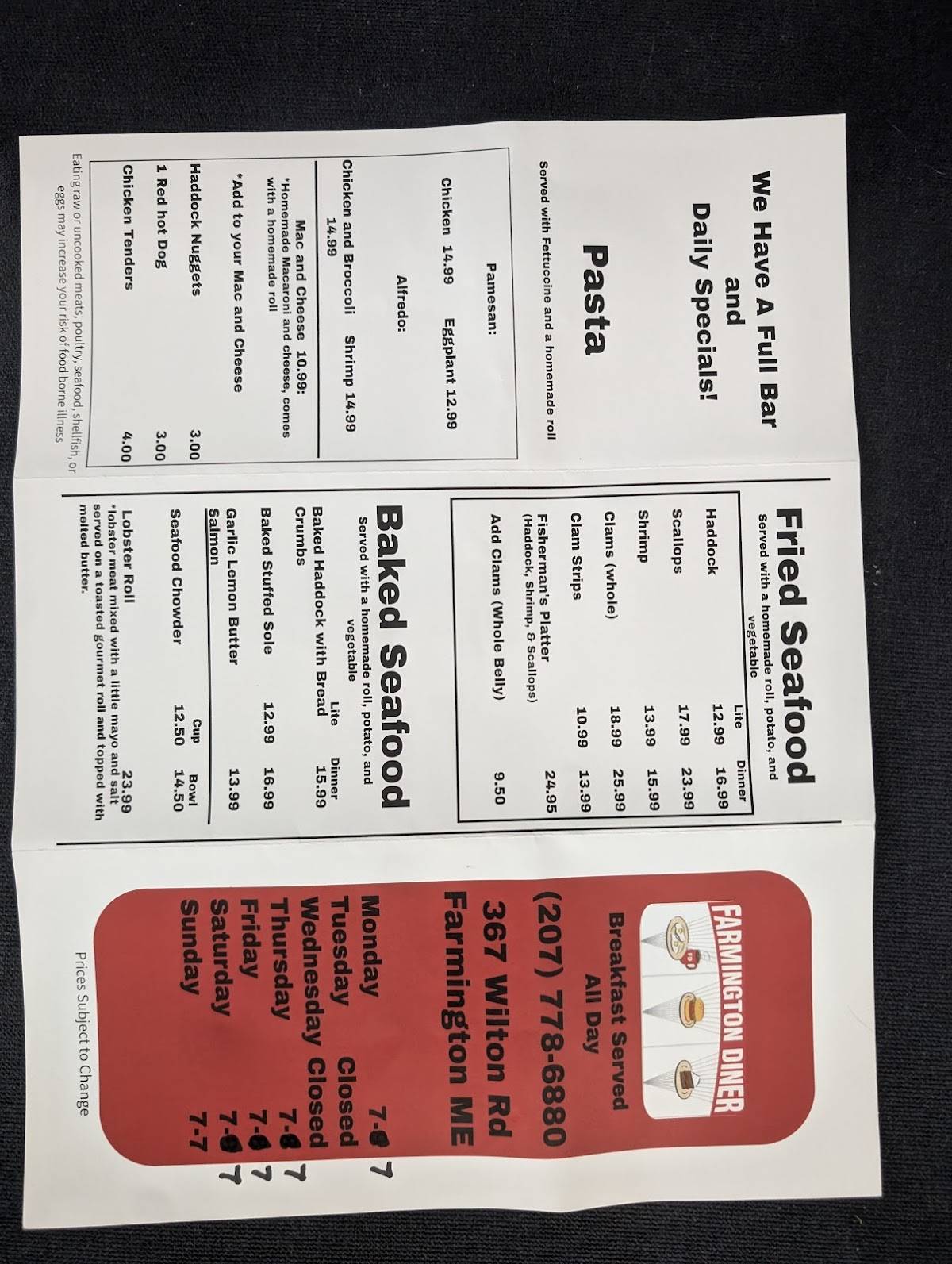 Menu at Farmington Diner restaurant, Farmington