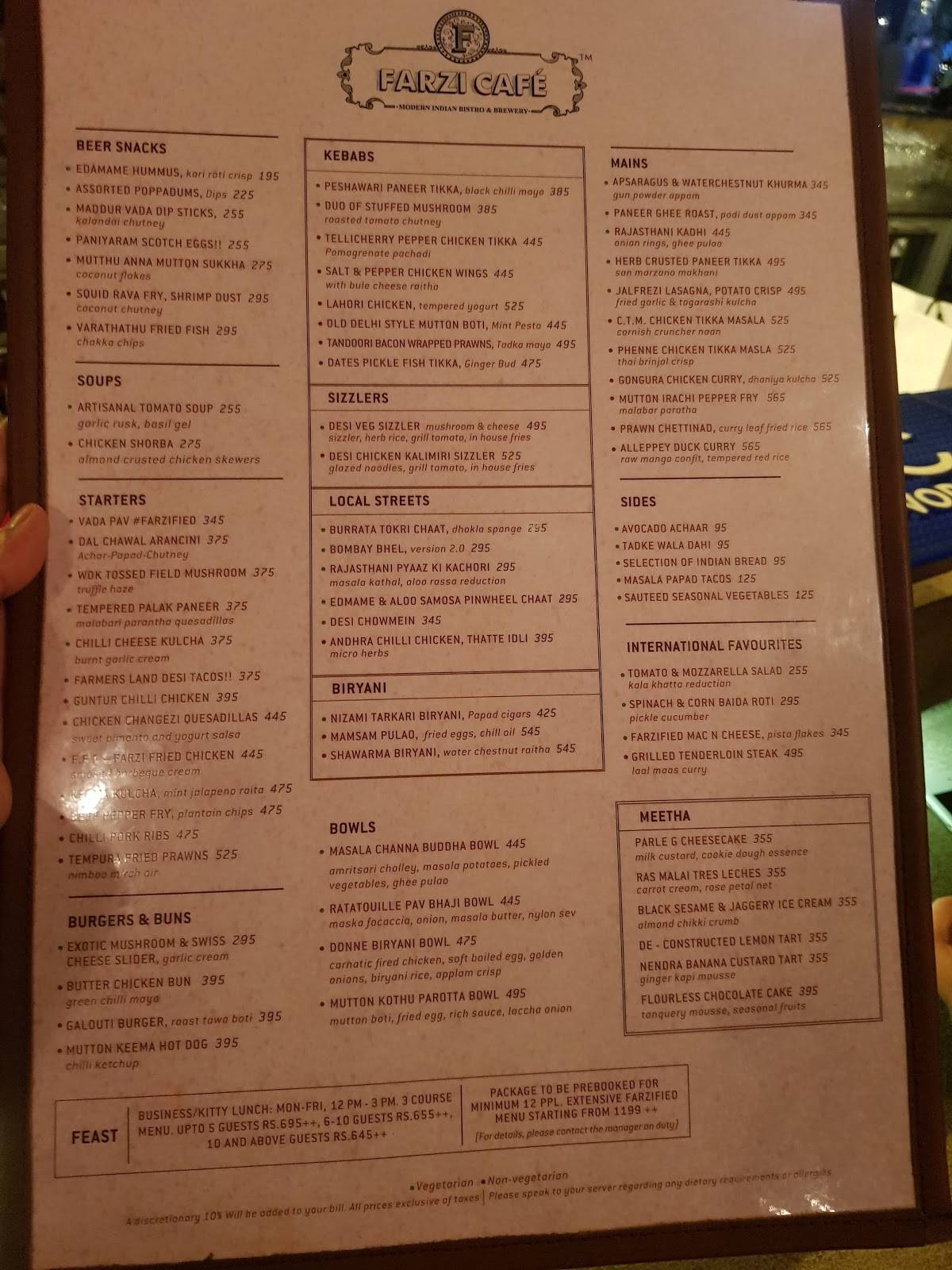 Menu at Farzi Cafe, Bengaluru