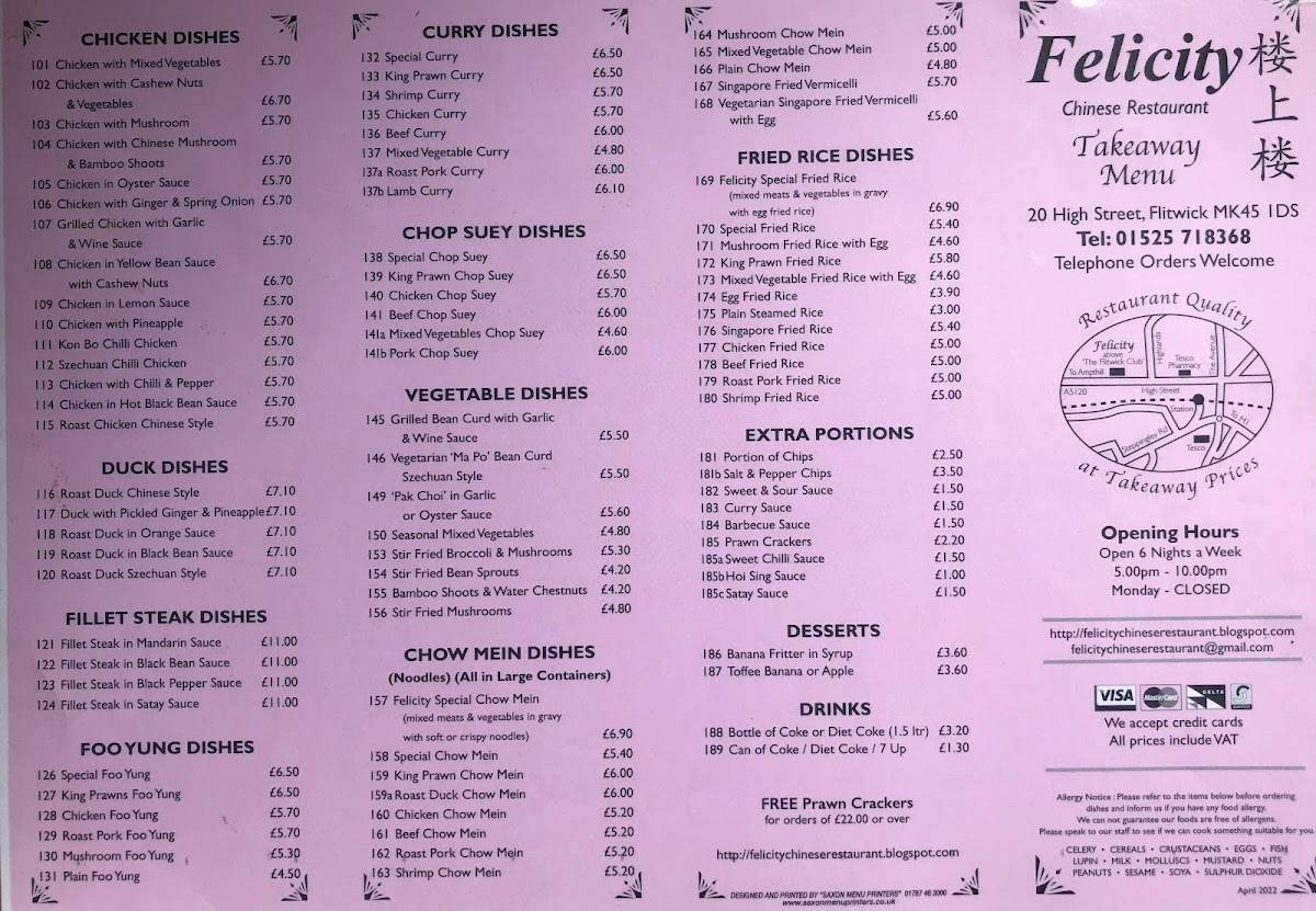 Menu at Felicity Chinese Restaurant, Westoning