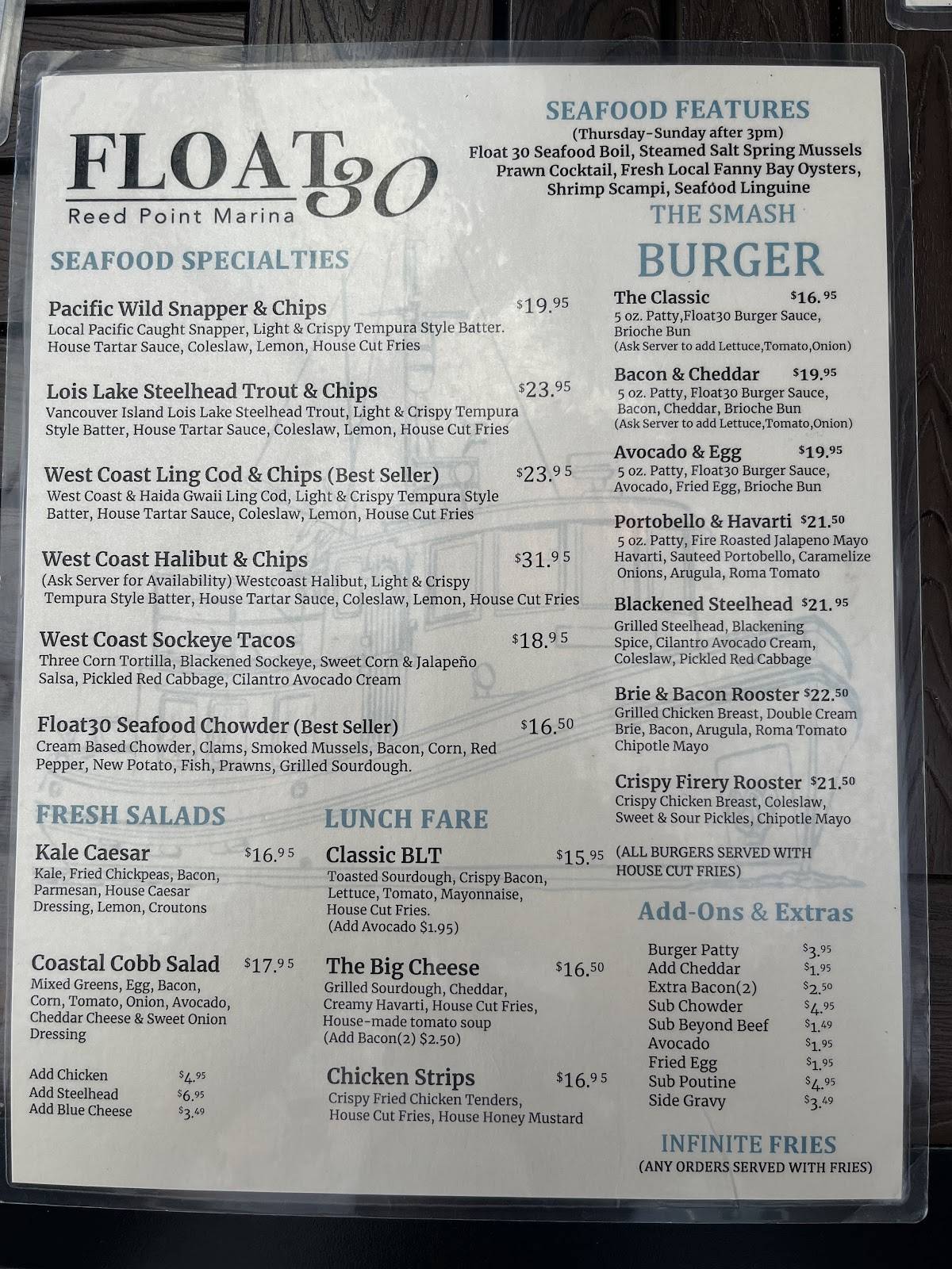 Menu at Float 30 restaurant, Port Moody