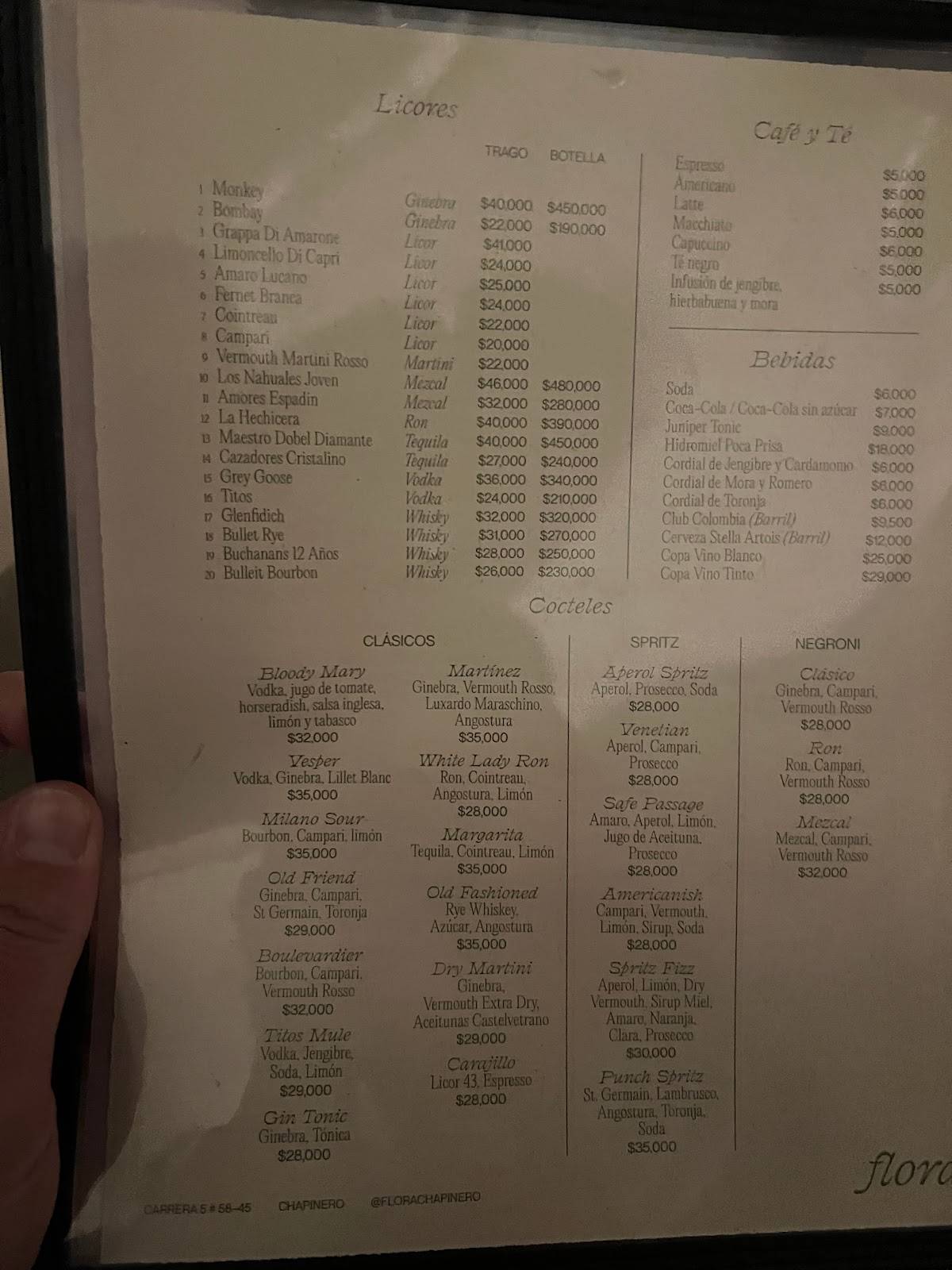 Menu at Flora restaurant, Bogotá, Cra. 5 #58 - 45