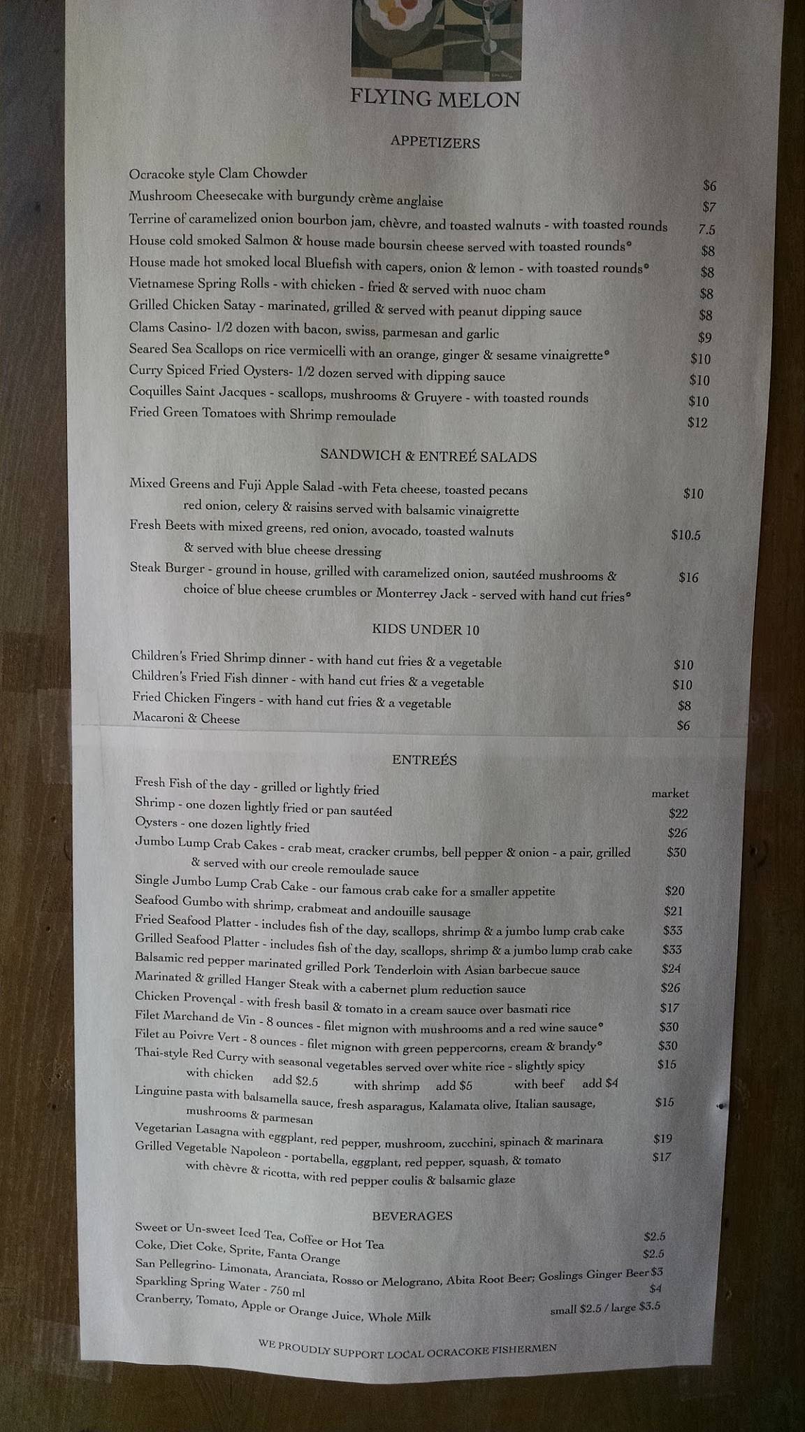 Menu at Flying Melon restaurant, Ocracoke