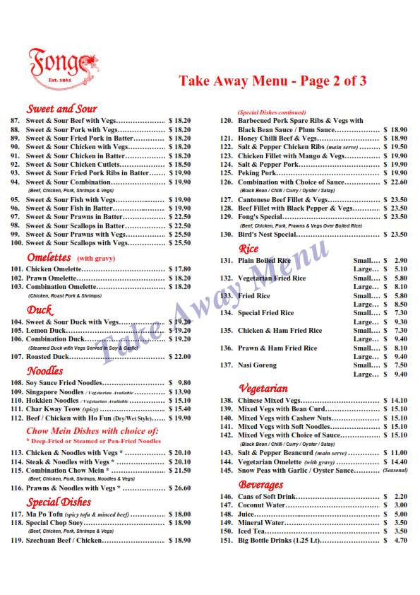 Menu at Fong's Chinese Restaurant, Bentleigh East