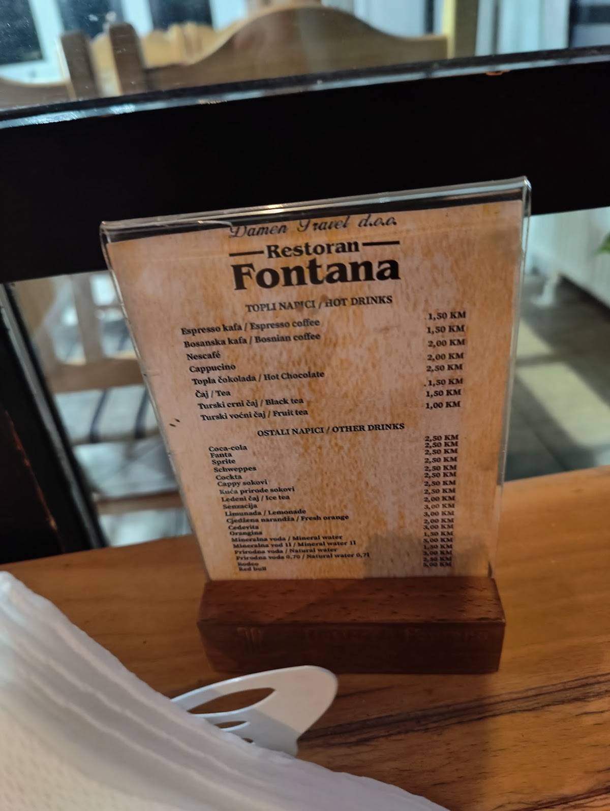 Menu at Fontana restaurant, Jajce