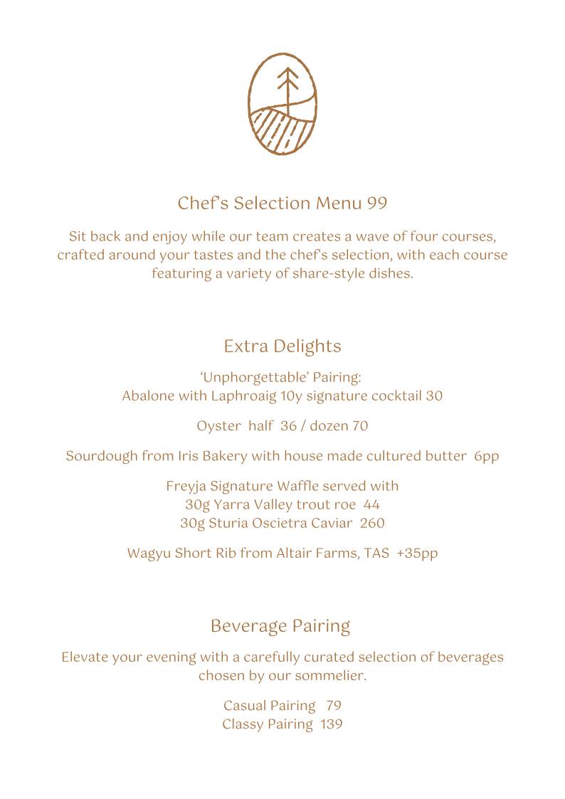 Menu at Freyja restaurant, Melbourne