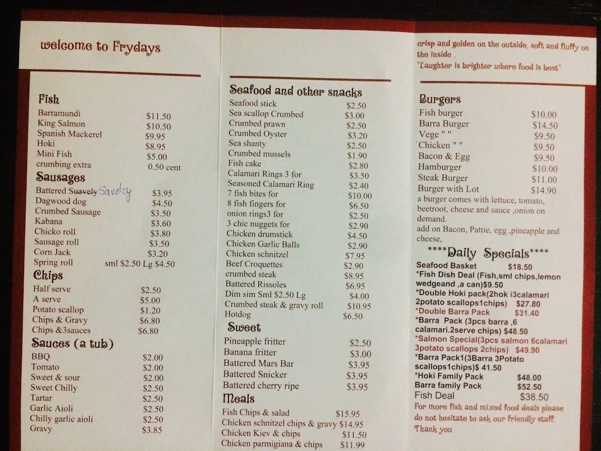 Menu at Frydays Fish Inn restaurant, Mount Isa