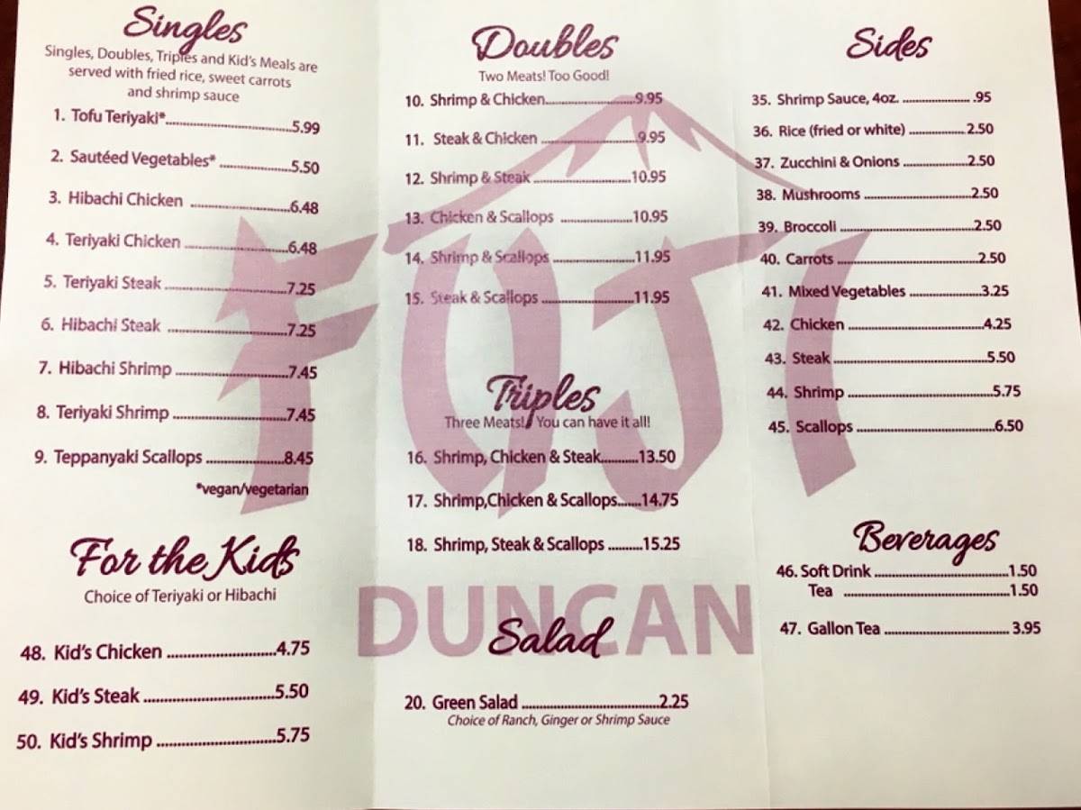 Menu at Fuji Duncan restaurant, Duncan