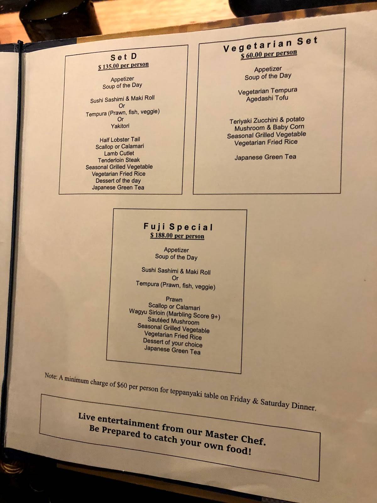 Menu at Fuji Teppanyaki restaurant, Moonee Ponds