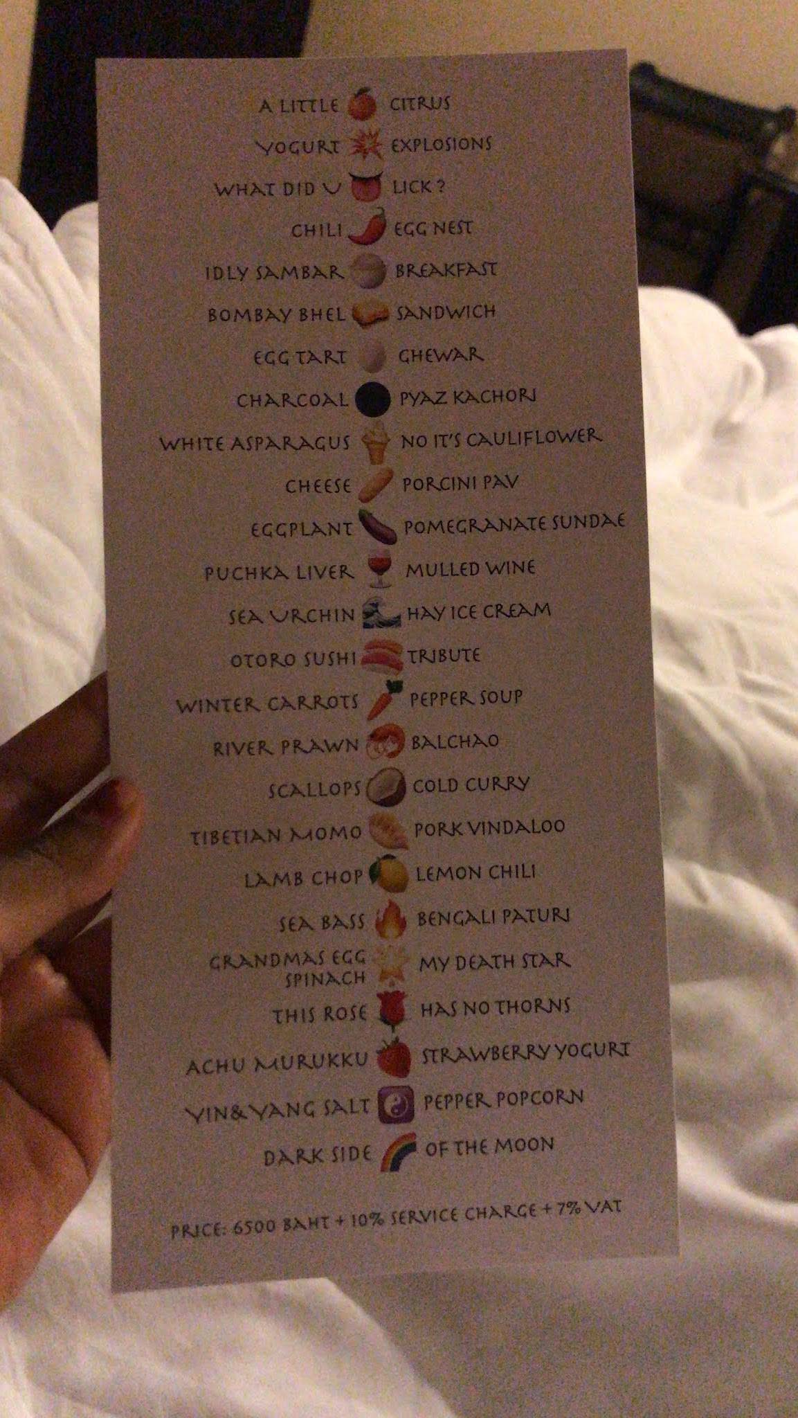 Menu at Gaggan restaurant, Bangkok, 68 Sukhumvit 31