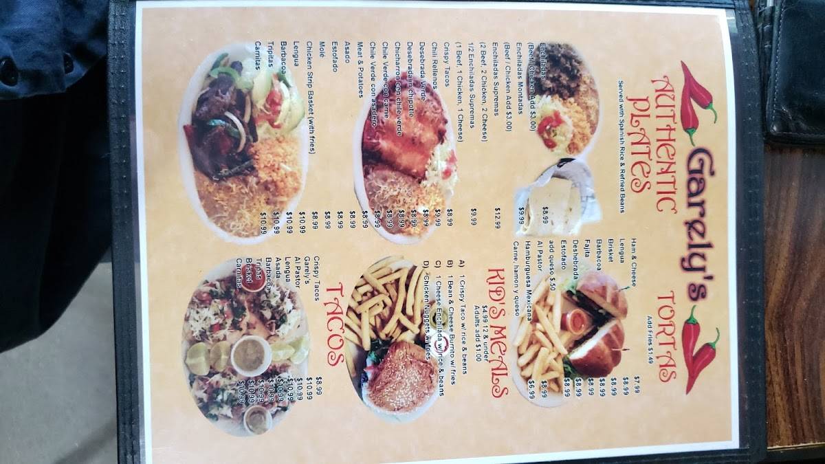 Menu at Garely's Mexican Restaurant Midland, Midland